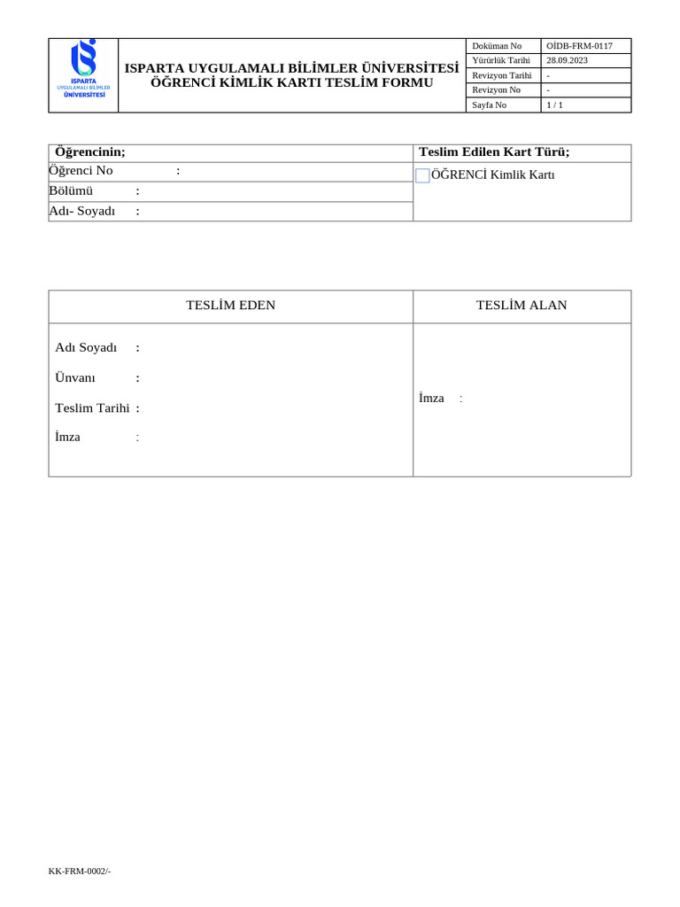 Oidb FRM Ogrenci Kimlik Karti Teslim Formu 28092023 | PDF