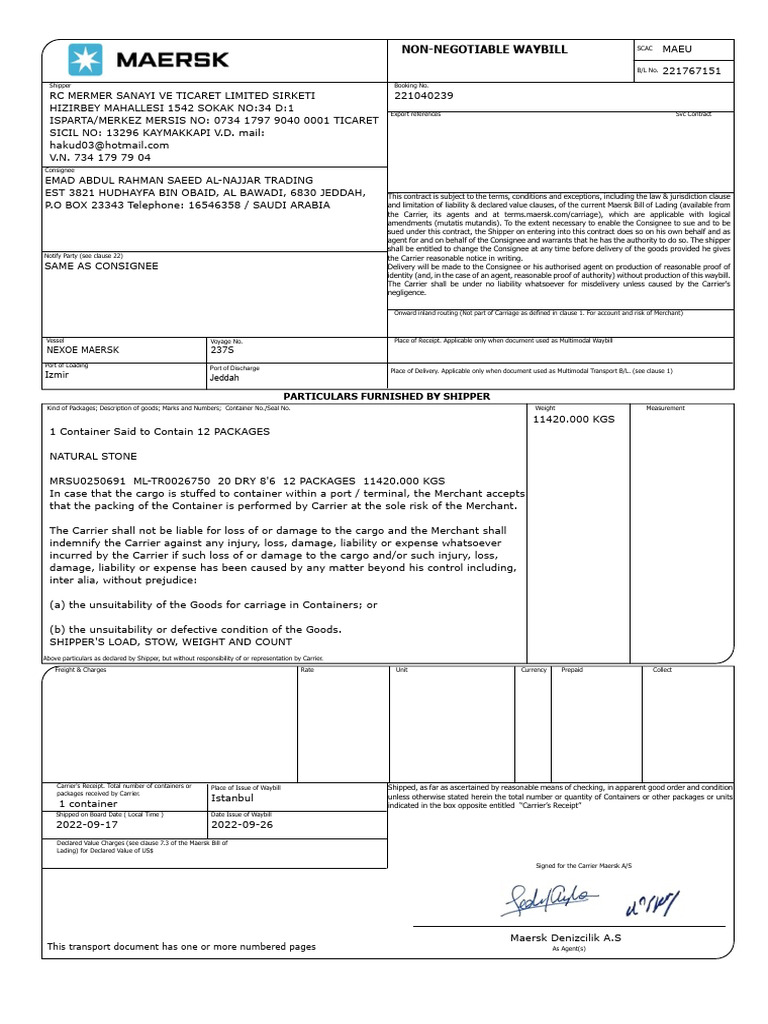 Non-Negotiable Waybill: Particulars Furnished by Shipper | PDF