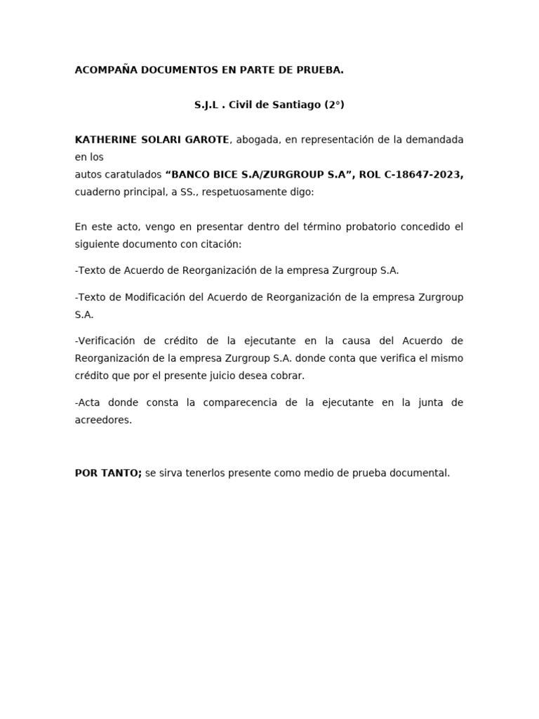 Acompaña Documentos en Parte de Prueba Bice | PDF