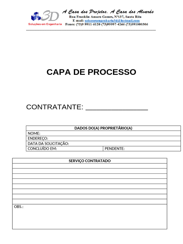 Capa de Processo - Modelo para Empresa e Corretor | PDF