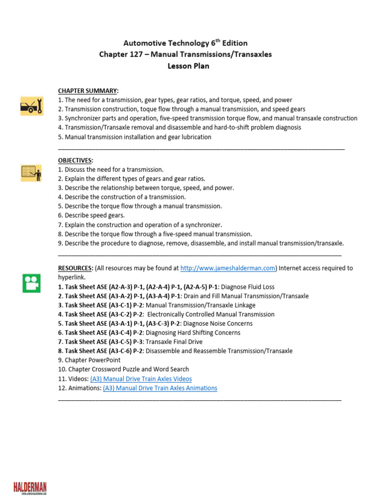 Chapter 127 Manual Transmissions Transaxles Lesson Plan | PDF