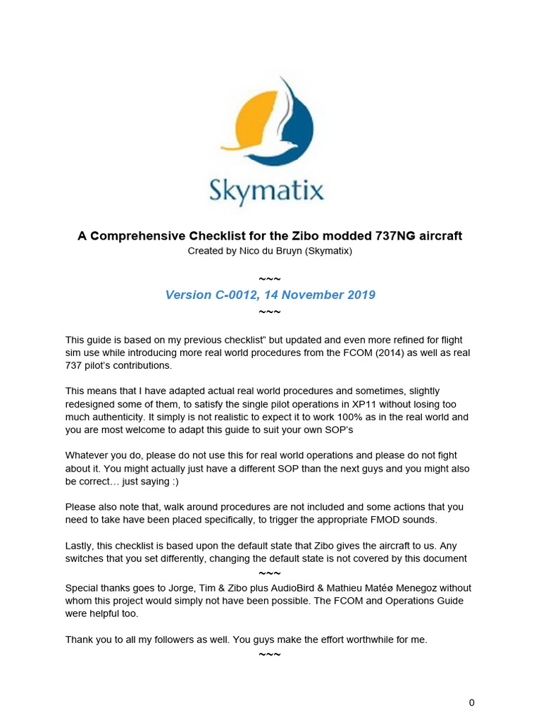 Zibo 737 Checklist - Skymatix | PDF
