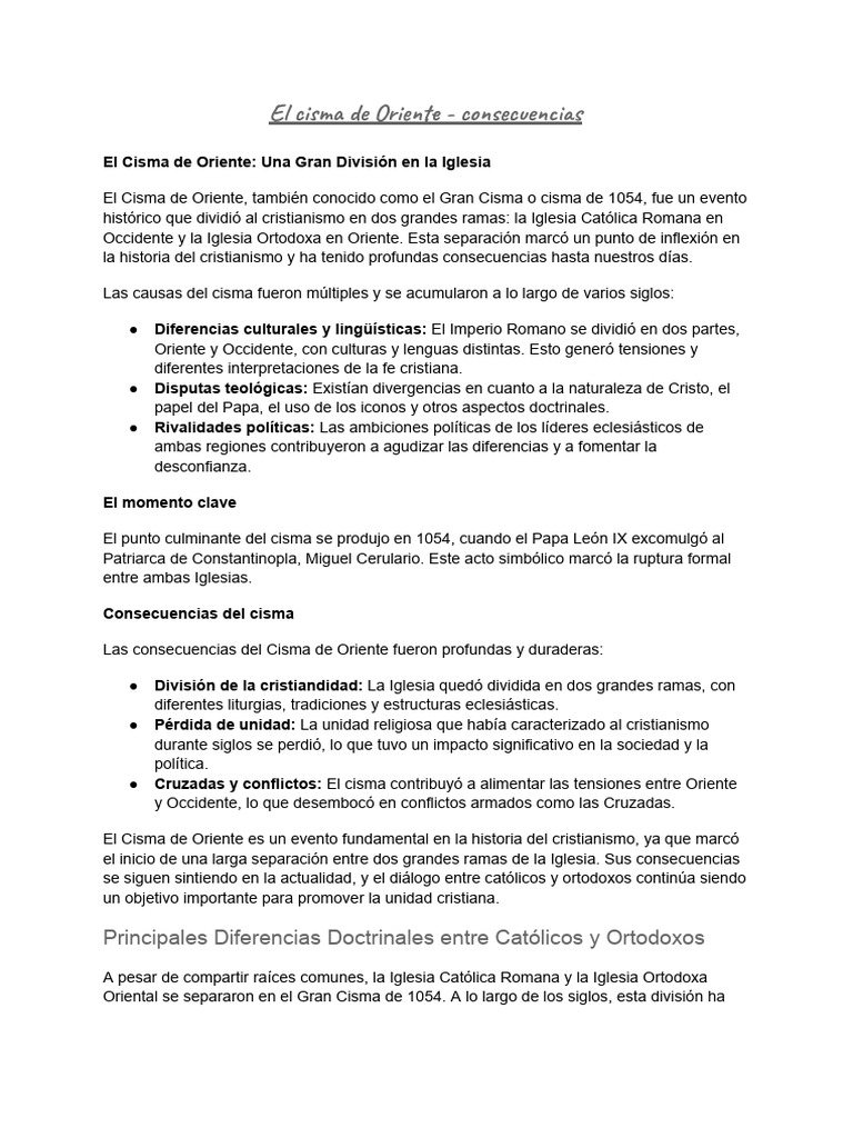 El Cisma de Oriente - Consecuencias | PDF | Iglesia Católica | imperio Bizantino