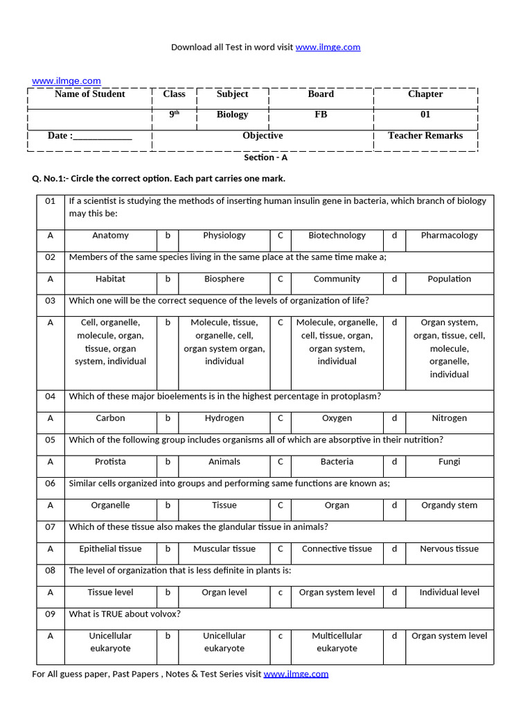 9th Class Biology Test Chapter 1 | PDF | Biology | Cell (Biology)