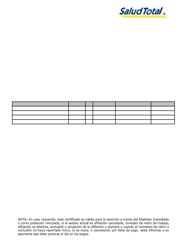 Referencia: Certificado de Afiliación A Salud Total EPS-S S.A | PDF
