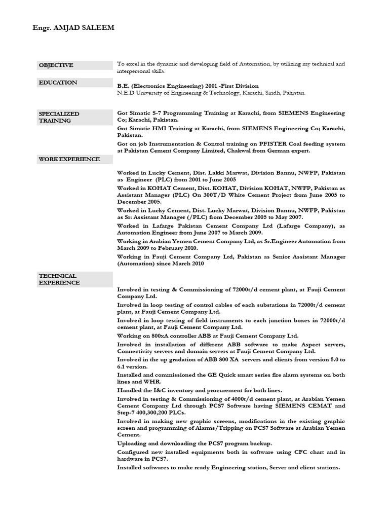 Engr - Amjad Saleem CV - Ksa | PDF | Programmable Logic Controller | Computers
