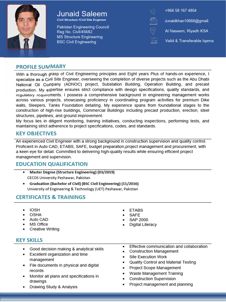 Engr Junaid CV Site Inspector 2024 | PDF | Specification (Technical ...