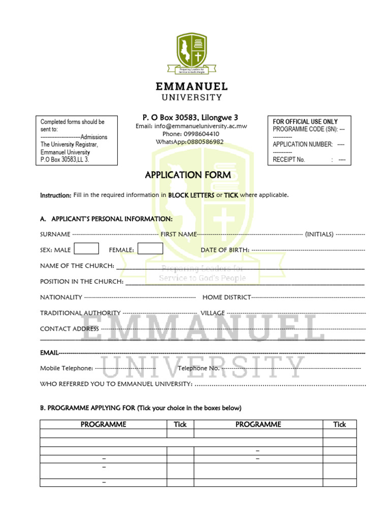 Emmanuel University Application Form | PDF | Diploma | Banks