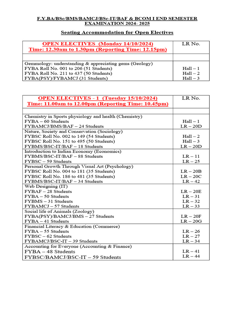 Seating Arrangement For END SEM Exam - UG | PDF