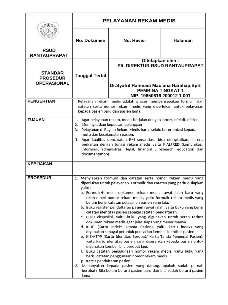 SPO Pelayanan Rekam Medik | PDF