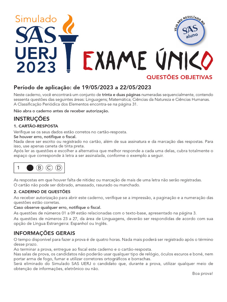 Simulado Sas Uerj Eq - 2023 - Prova | PDF