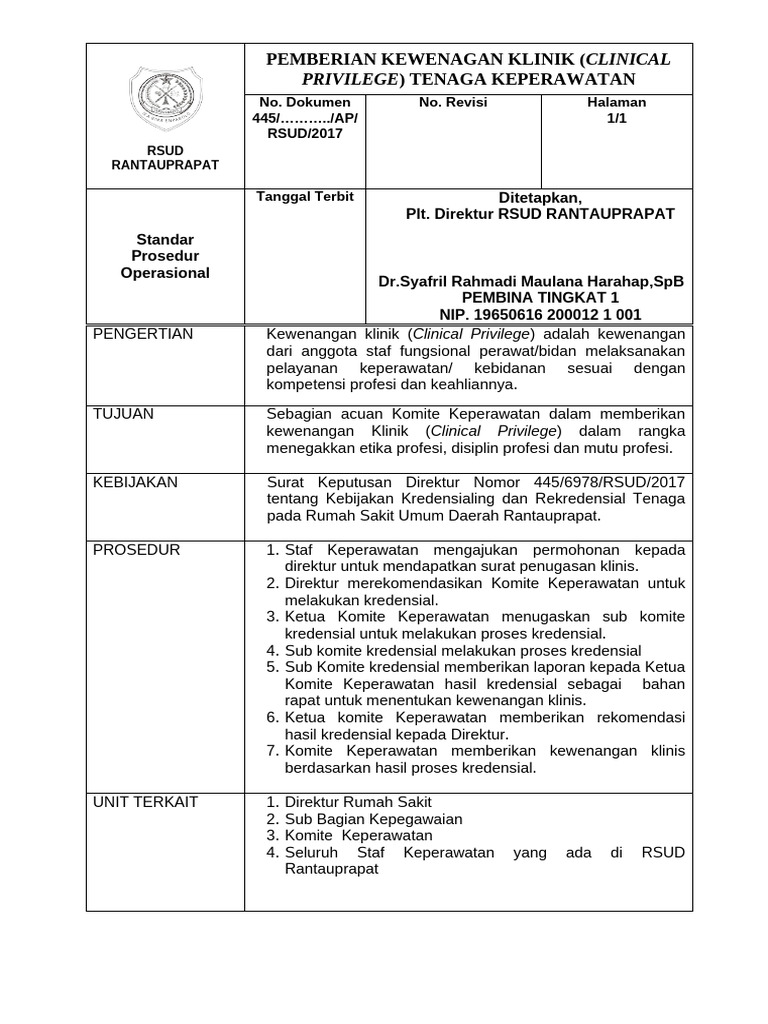 SPO Pemberian Kewenangan Klinik (Clinical Privilege) Tenaga Keperawatan | PDF