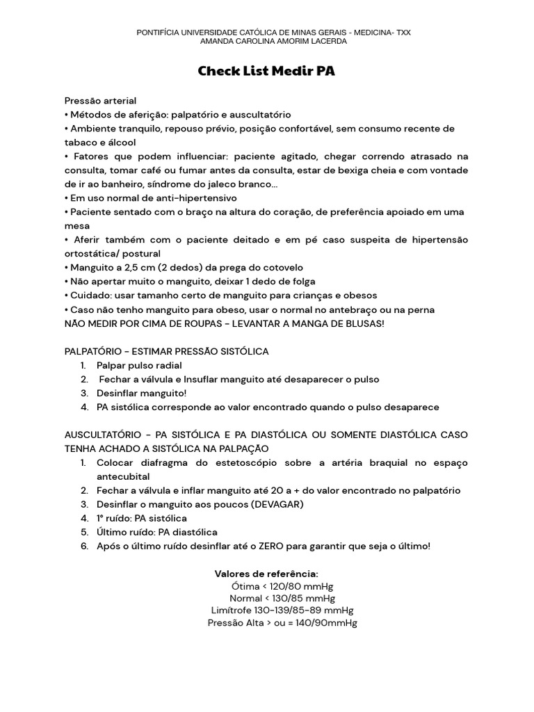 Check List Medir PA - ESTELA MEDUP TXIX | PDF