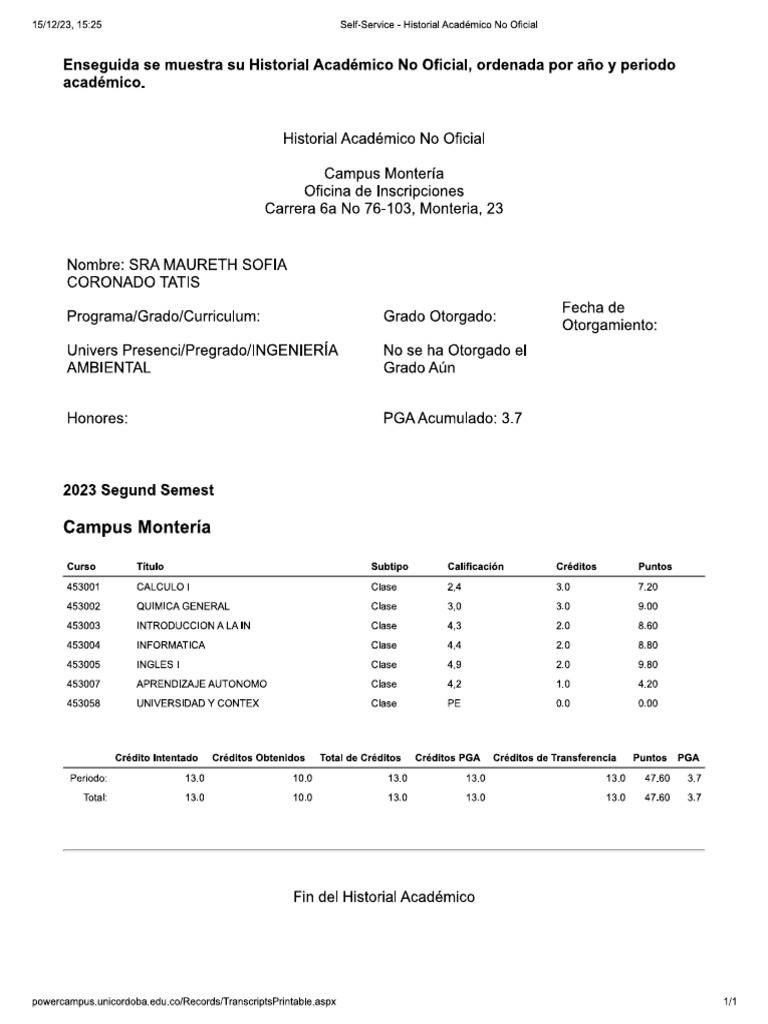 Historial Acádemico 2023 II | PDF