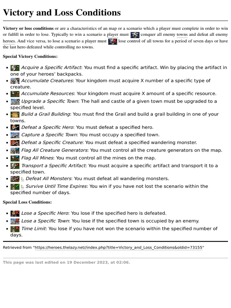 Victory and Loss Conditions - Heroes 3 Wiki | PDF