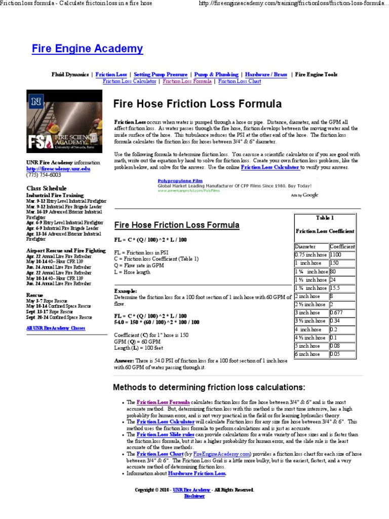 Friction Loss Formula - Calculate Frictoin Loss in a Fire Hose ...