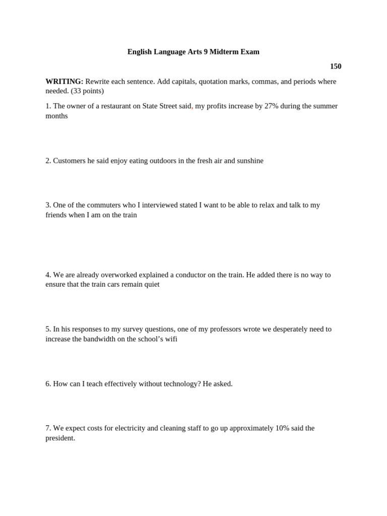 ELA 9 Midterm Exam Answer Key | PDF