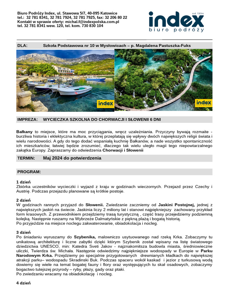 2024 CHORWACJA I SŁOWENIA 6 Dni Szkoła Podstawowa NR 10 W Mysłowicach | PDF