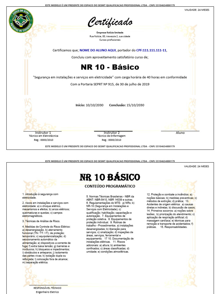 Certificado nr 10 básico | PDF