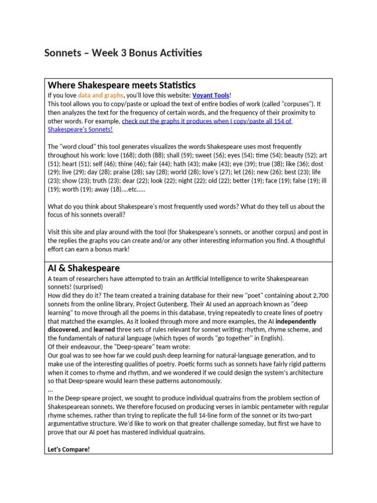 Sonnets Week 3 Bonus Activities | PDF