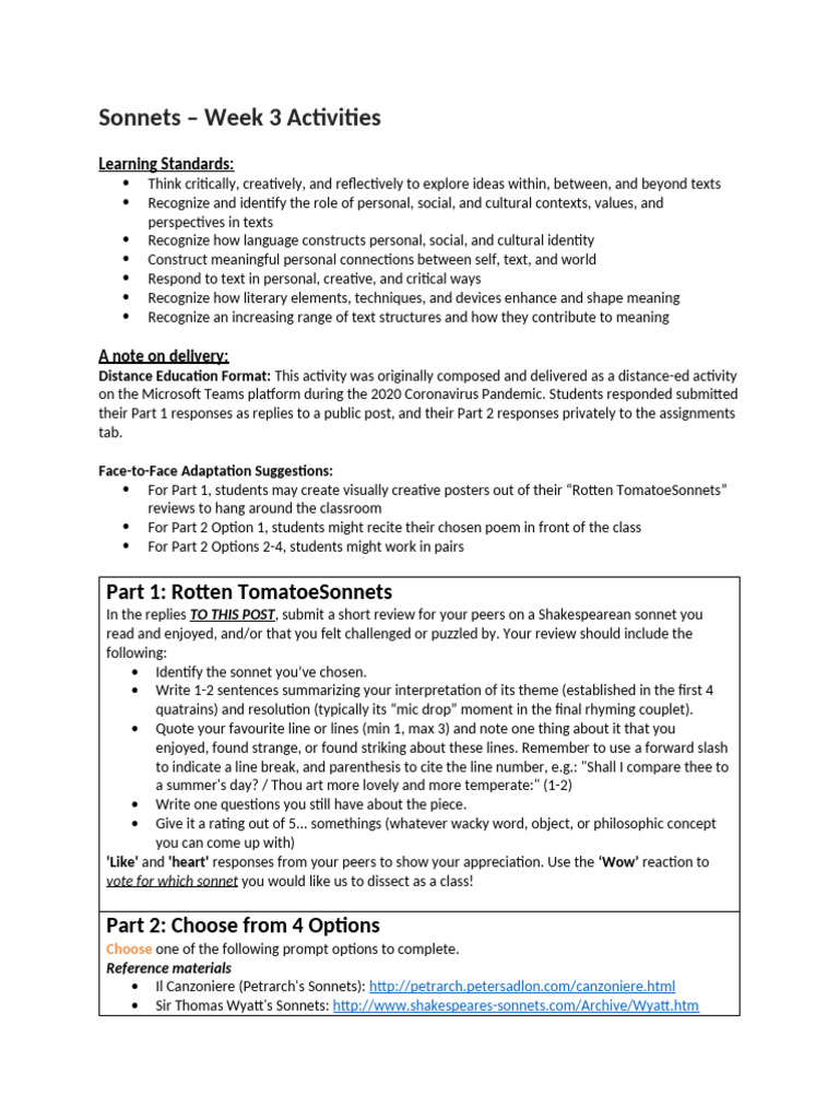 Sonnets Week 3 Activities Pt12 | PDF