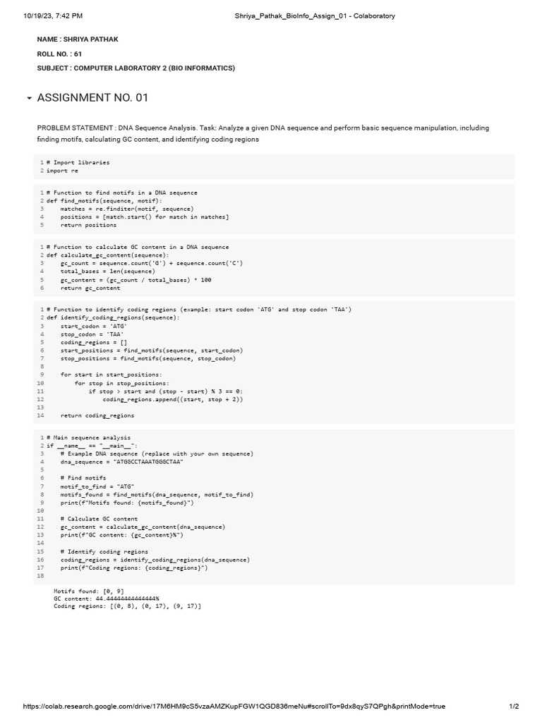 Shriya - Pathak - BioInfo - Assign - 01 - Colaboratory | PDF | Nucleic Acid Sequence | Dna