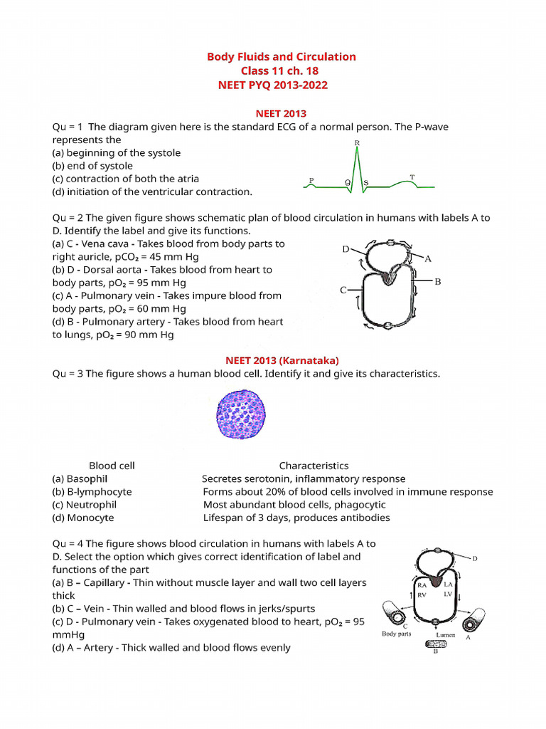 Body Fluids and Circulation Neet Pyq 2013-2022 | PDF