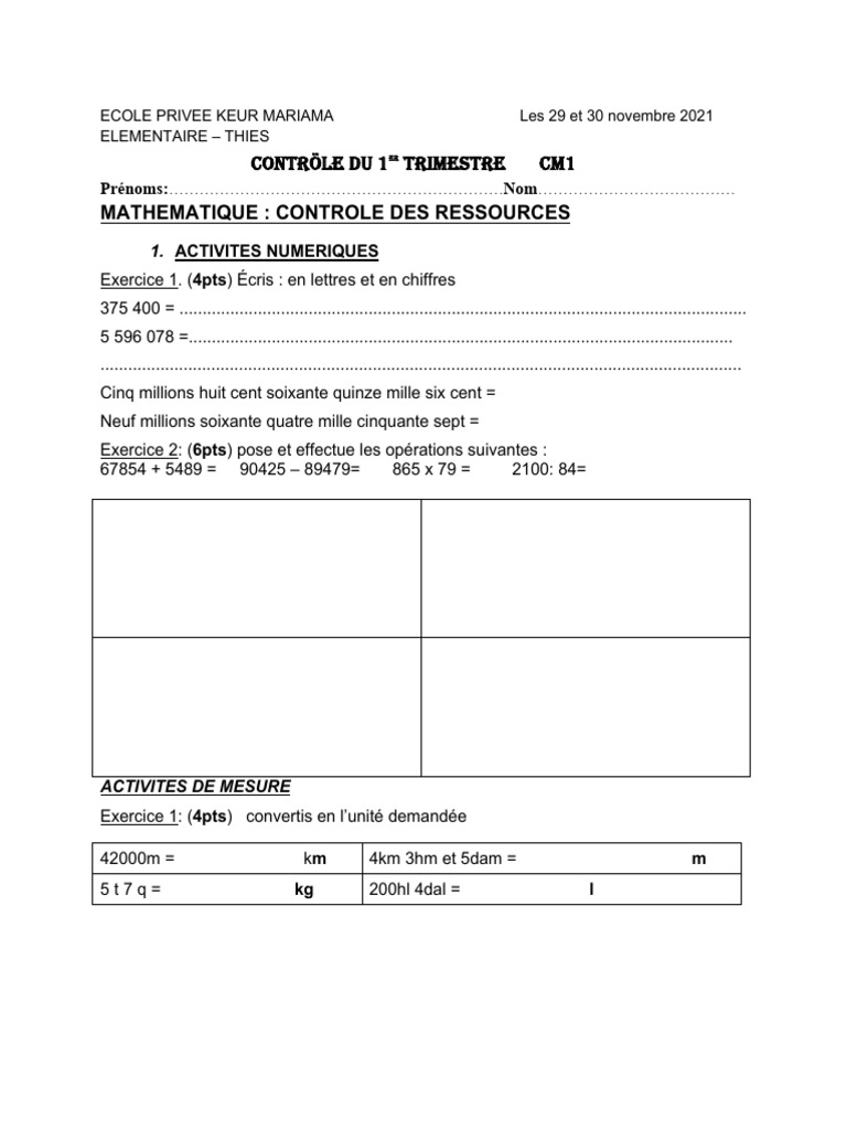 Contrôle Du 1er Trim 21-22 MATHS CM1 | PDF