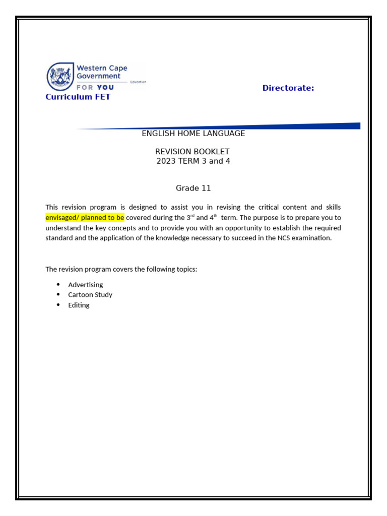 Revision - 2023 - Grade 11 English Home Language - Term 3 and 4 | PDF