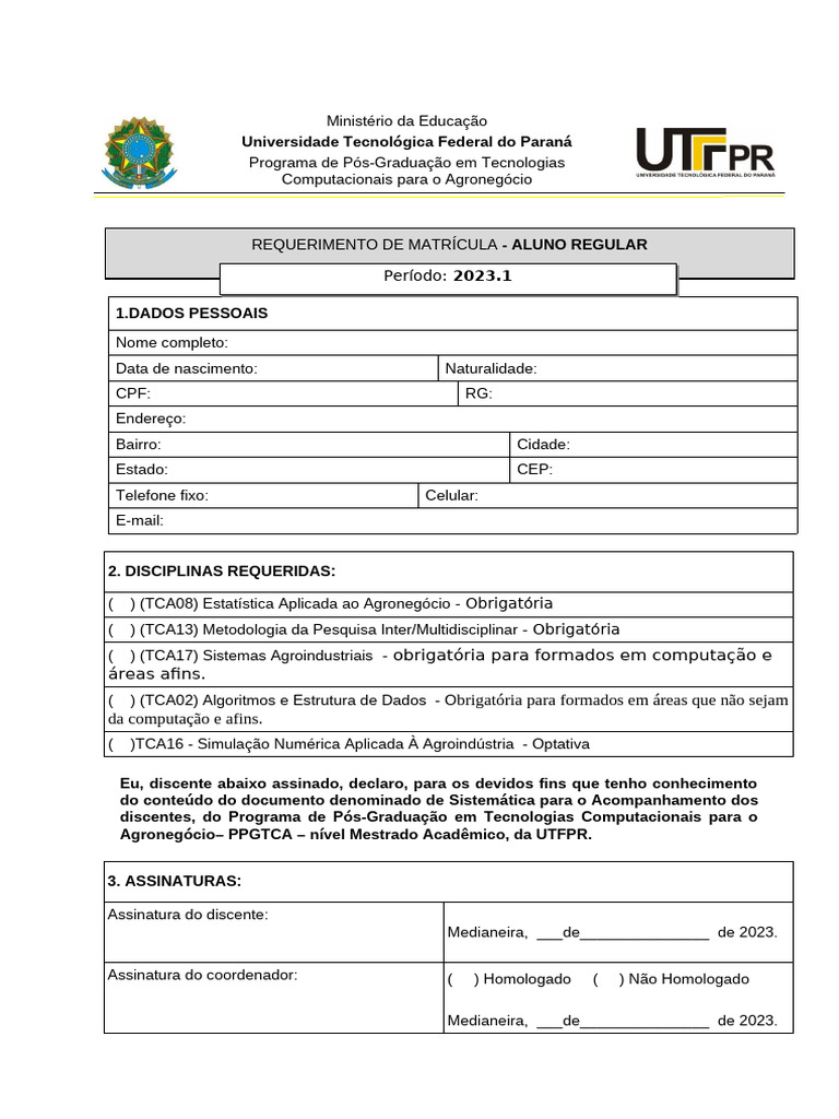 Requerimento Matrícula - Aluno Regular | PDF