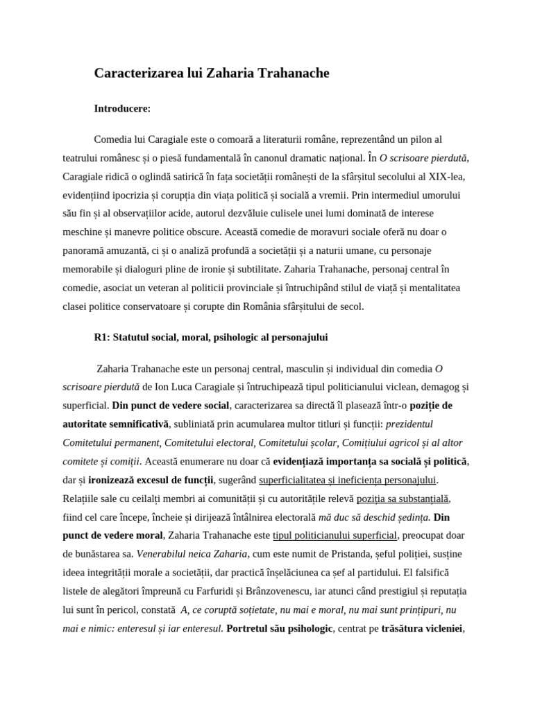 Caracterizarea lui Zaharia Trahanache | PDF