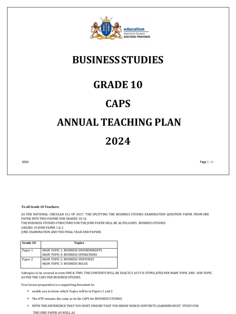GRADE 10 2024 Business Studies Grade 10 ATP With Percentages | PDF ...
