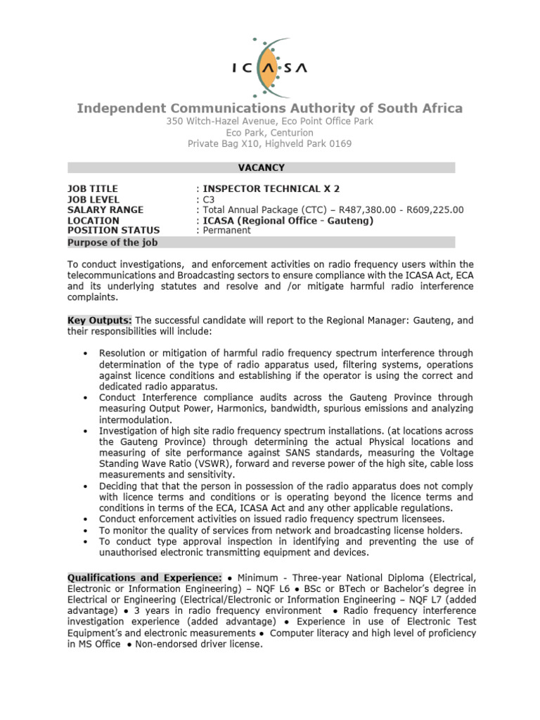 Independent Communications Authority of South Africa: Vacancy | PDF