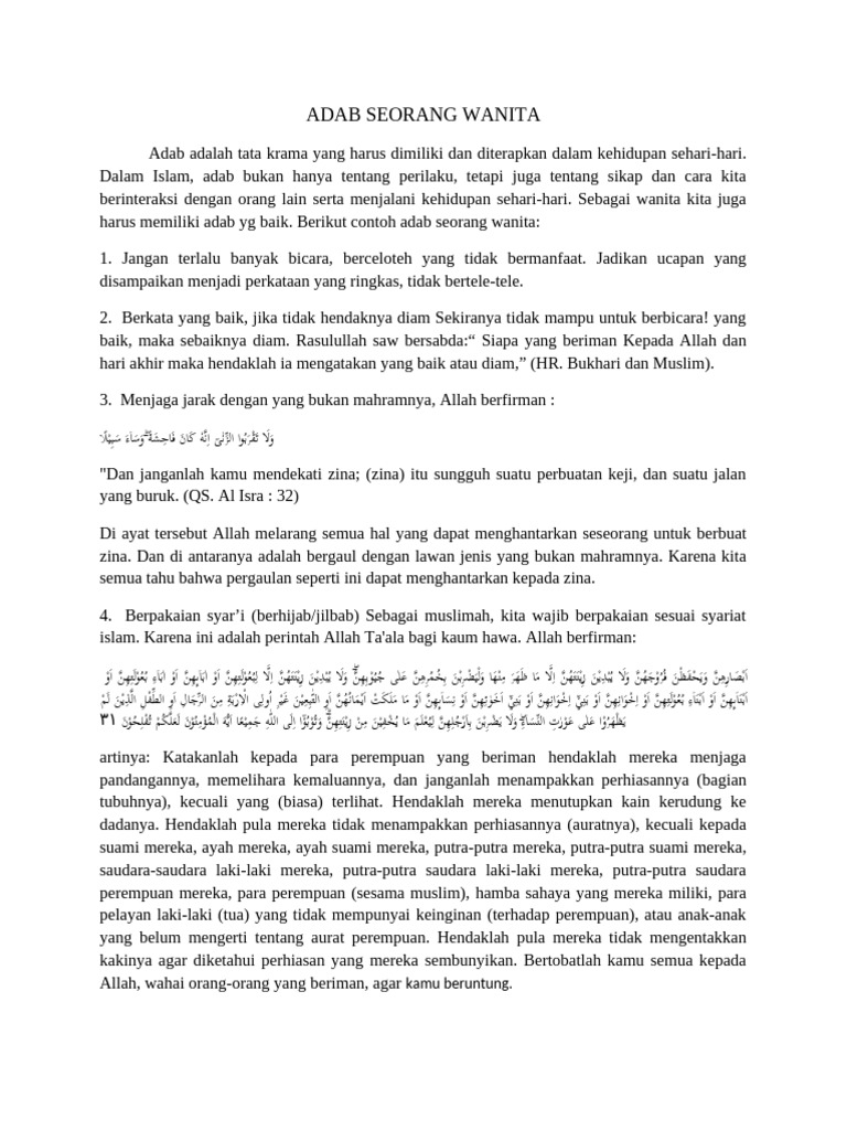 Materi Keputrian Adab Seorang Wanita | PDF