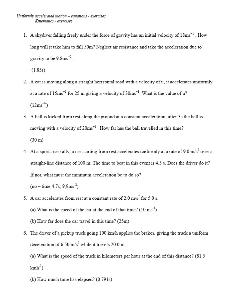 Kinematics Exercises Uniform Acceleration Pdf Acceleration Speed