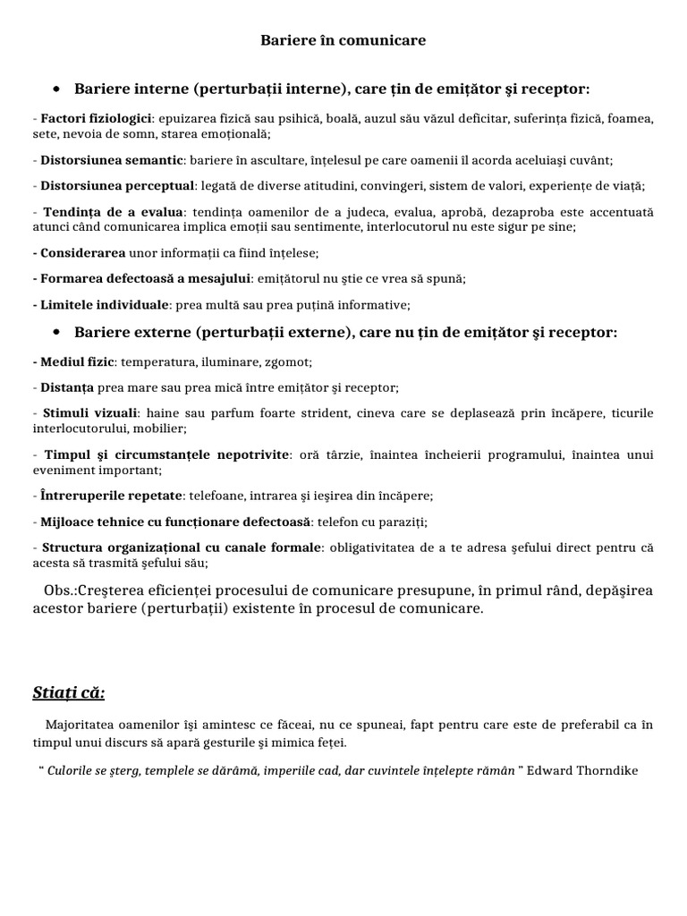 Bariere in Comunicare - Fisa de Documentare | PDF