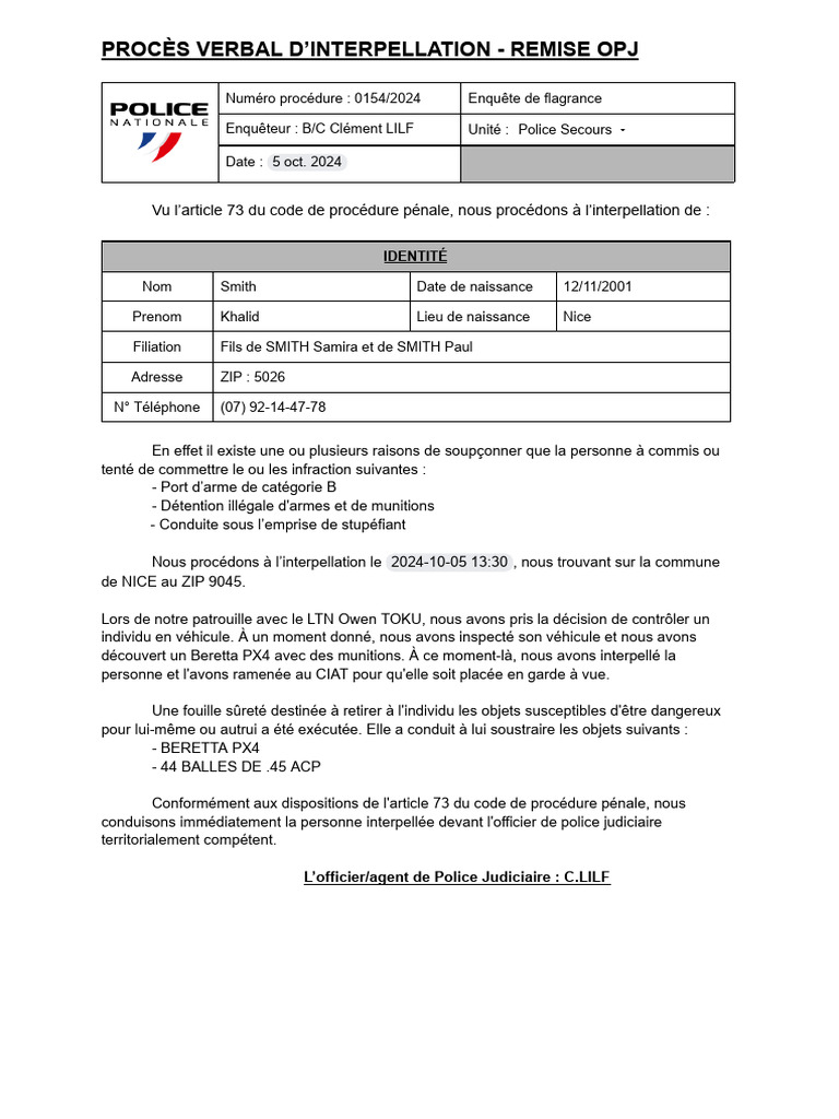 Copie de PROCÈS VERBAL D'INTERPELLATION - REMISE OPJ - PN-14 | PDF