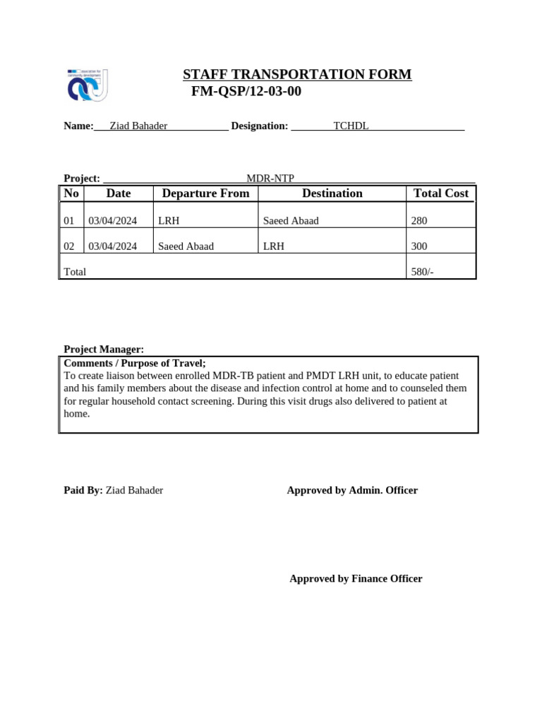 Staff Transportation Form April | PDF
