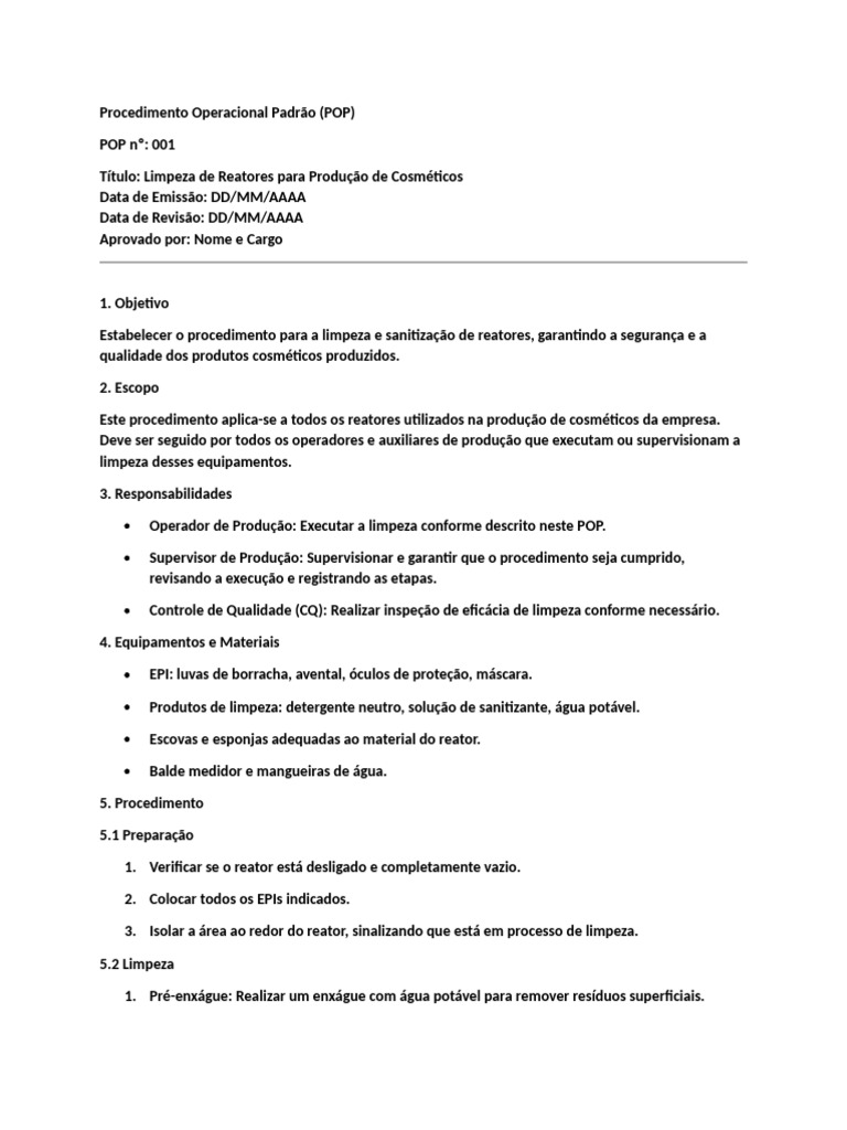 MODELO DE POP Limpeza de Reatores para Produção de Cosméticos | PDF ...