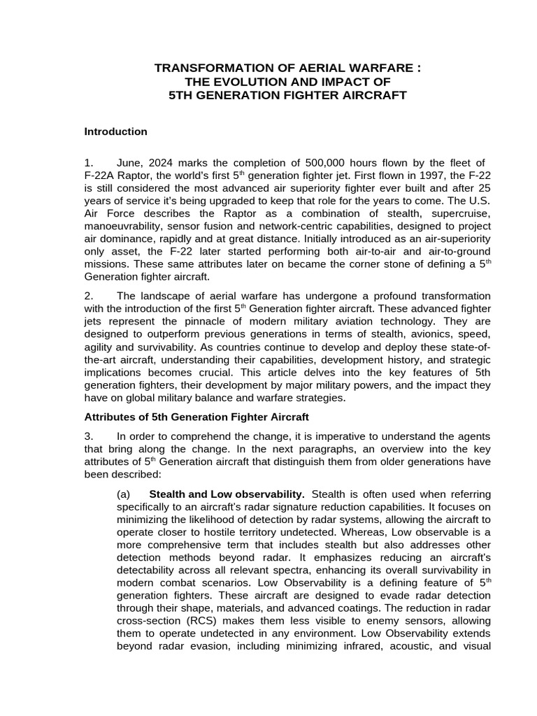 Transformation of Aerial Warfare-The Evolution and Impact of 5th ...