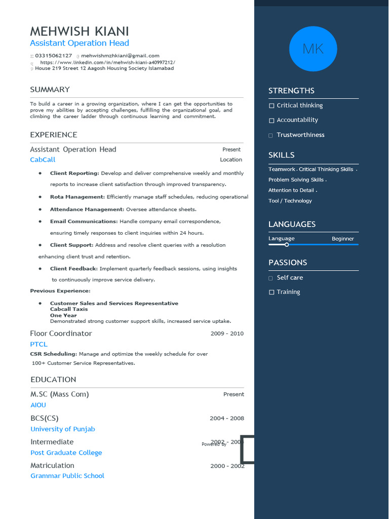 Mehwish Kiani: Assistant Operation Head | PDF