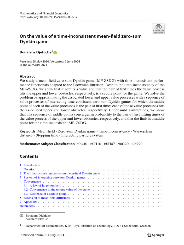 On The Value of A Time-Inconsistent Mean-Field Zero-Sum Dynkin Game | PDF