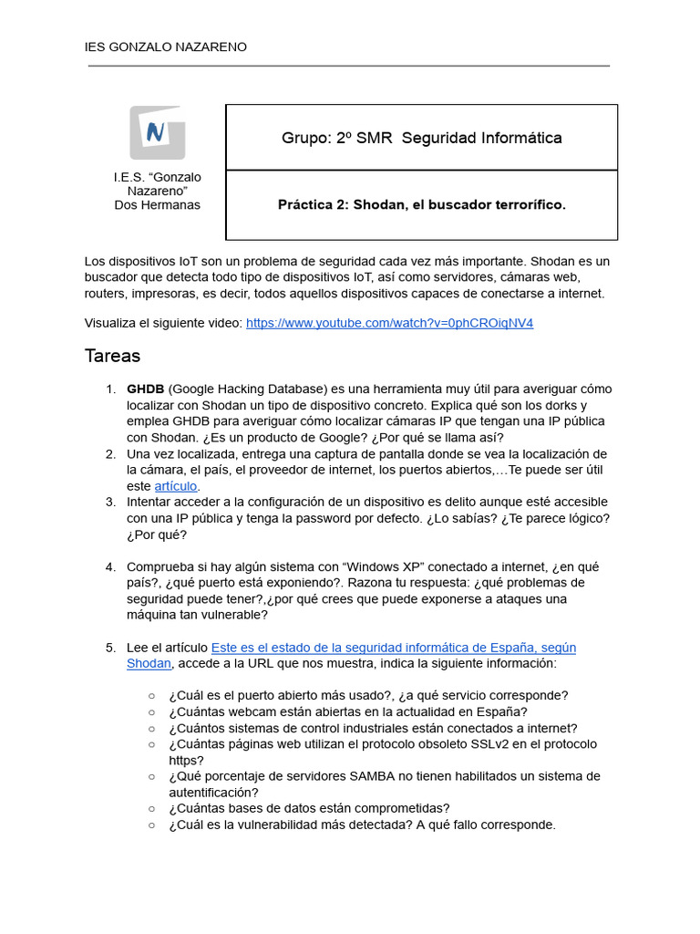 Práctica 2 - Shodan, El Buscador Terrorífico. | PDF