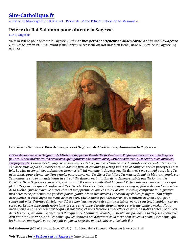 Prière Du Roi Salomon Pour Obtenir La Sagesse | PDF