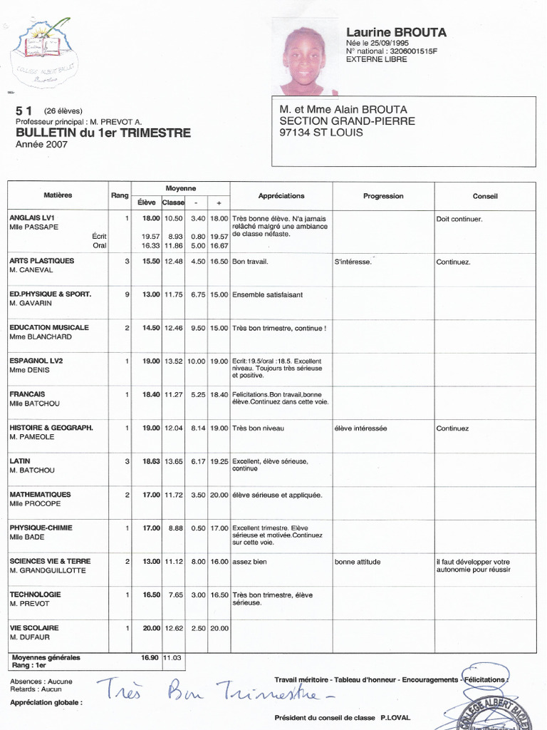 Bulletins de Notes 5e - T1 Et T3 - Laurine BROUTA | PDF