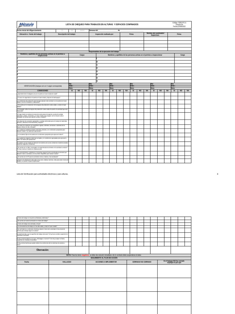 F36S-PC11 Lista de Chequeo Alturas V4 | PDF