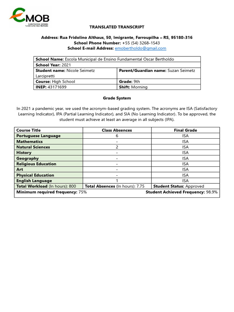 High School Transcript | PDF