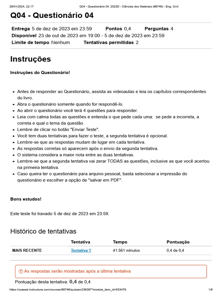 Q04 - Questionário 04 - 2023D - Ciências Dos Materiais (66746) - Eng. Civil | PDF