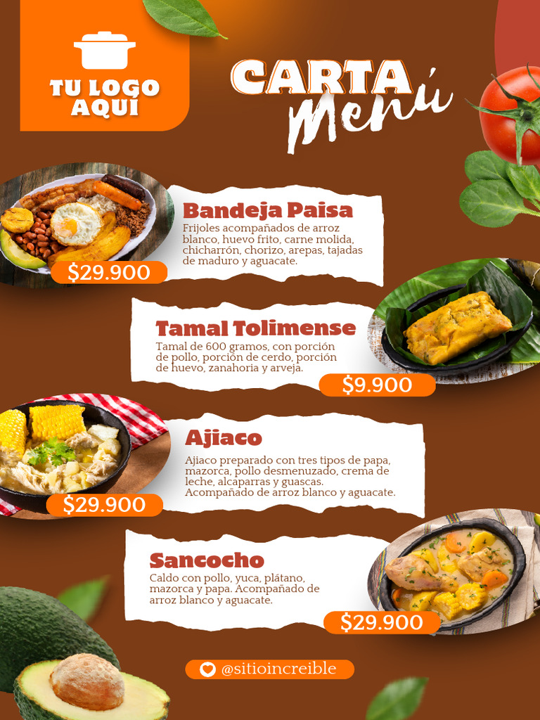 Carta Menú Platos Típicos Colombianos Naranja y Café | PDF