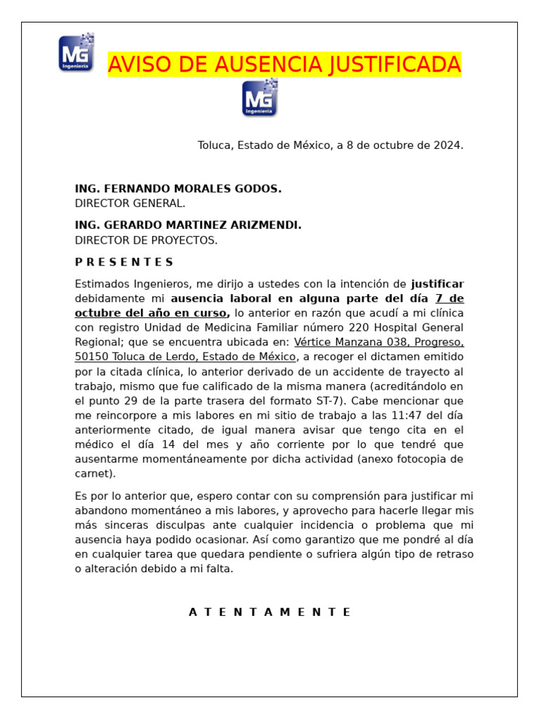 CARTA DE AUSENCIA Justificada | PDF